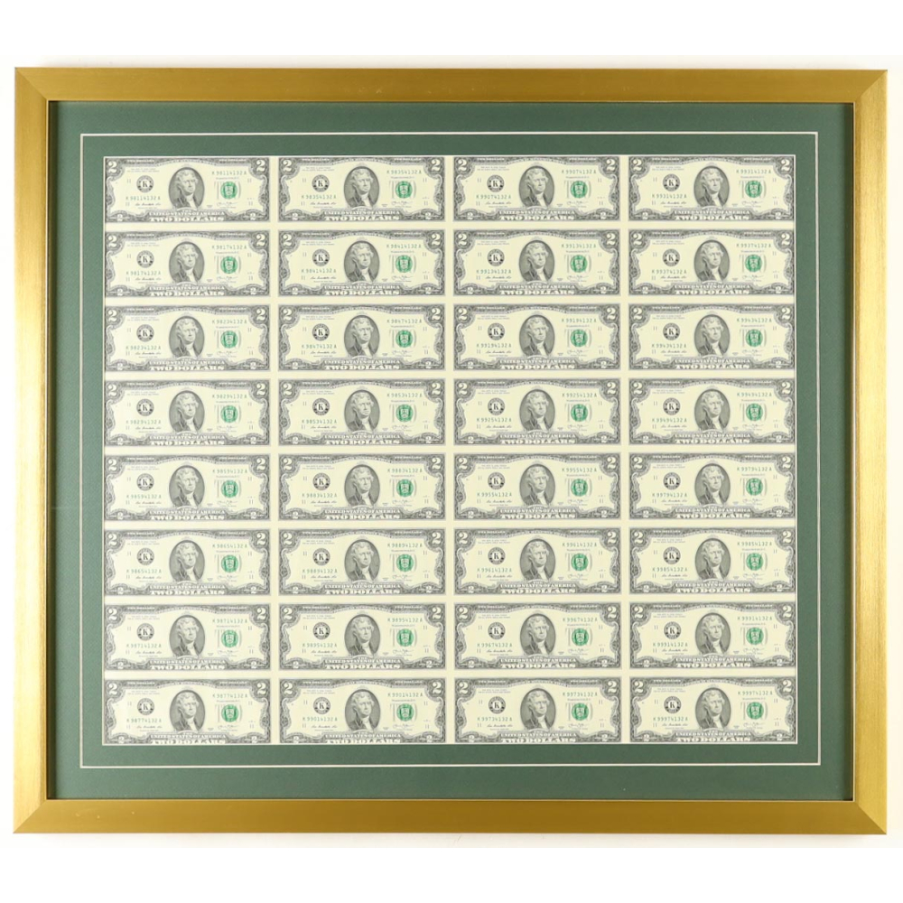 2013 U.S. $2 Dollar Bill Custom Framed Uncut Sheet Of (32) Bills ...