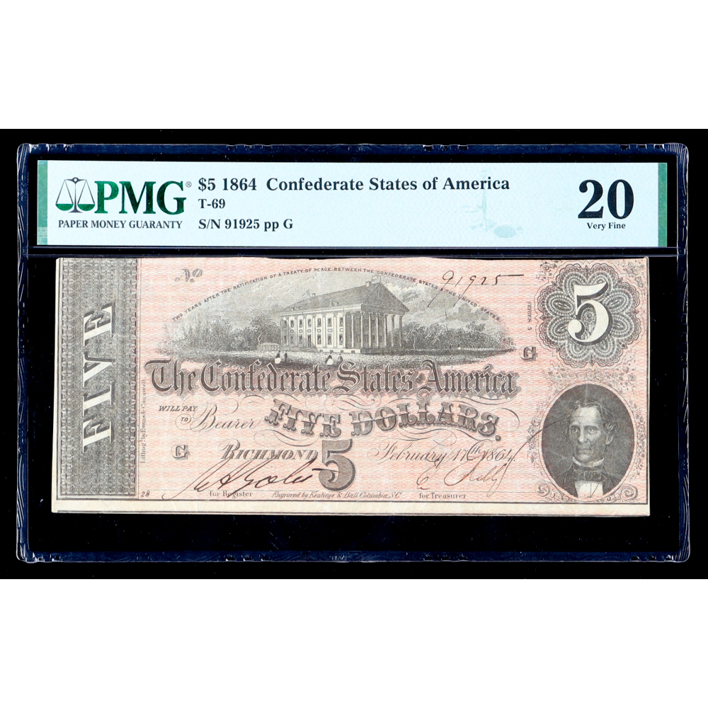 1864 Confederate States of America $5 Currency Note T-69 (PMG Very Fine ...