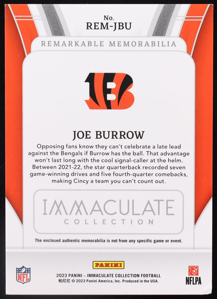 Joe Burrow 2023 Immaculate Collection Remarkable Memorabilia #23 #23/49 ...