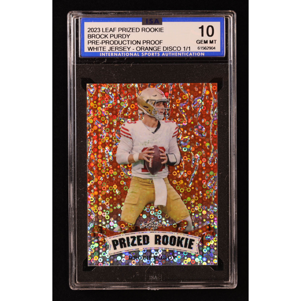 Brock Purdy 2023 Leaf Metal Prized Rookie Disco Orange Pre Production Proof Nno 1 1 Rc Isa 10