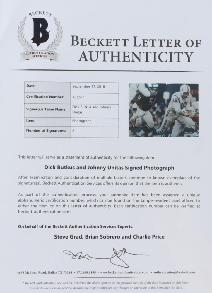 Johnny Unitas & Dick Butkus Signed Custom Framed Photo Display (Beckett ...