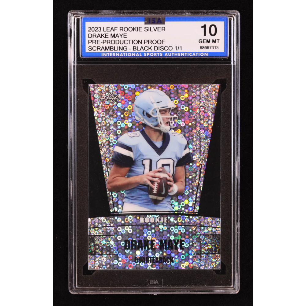 Drake Maye 2023 Leaf Rookie Silver Disco Black Pre-Production Proof # ...