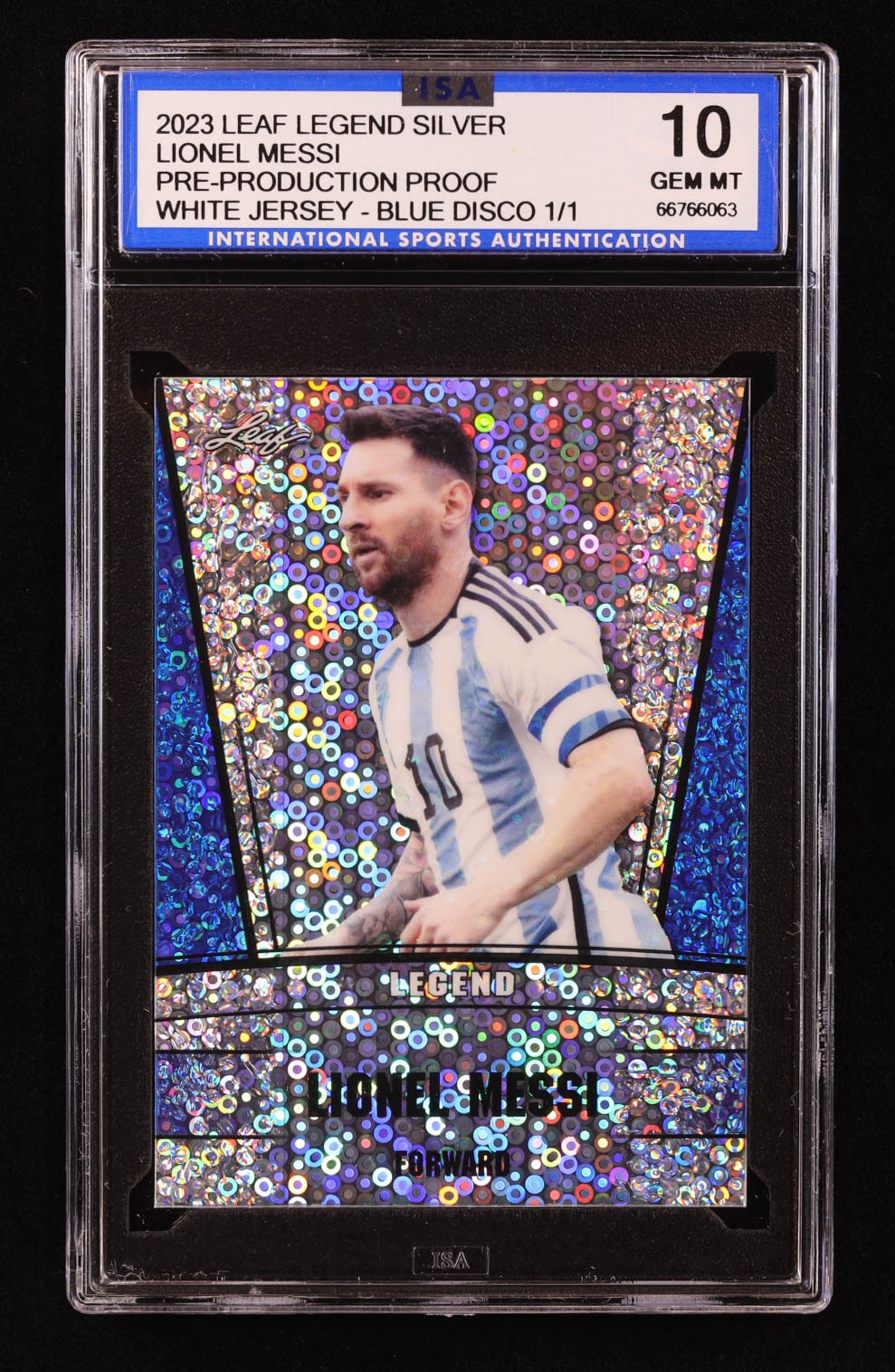 Lionel Messi 2023 Leaf Legend Silver Disco Blue Pre-Production Proof # ...