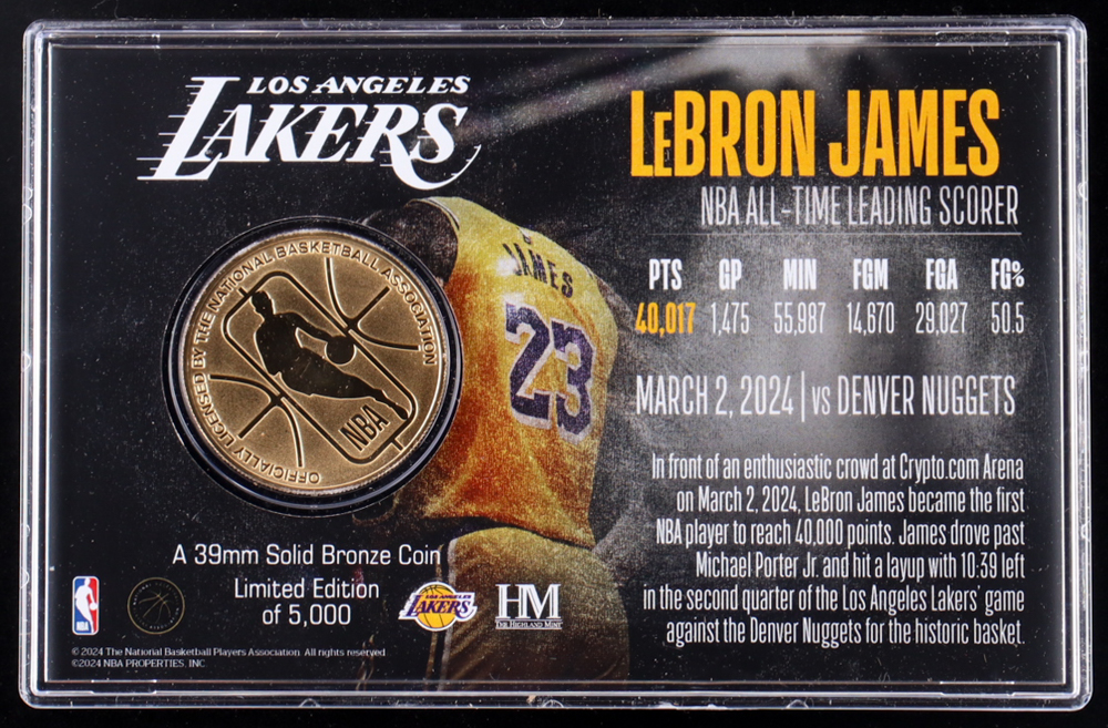 Lebron James Lakers Highland Mint 40,000 Points Commemorative Bronze ...