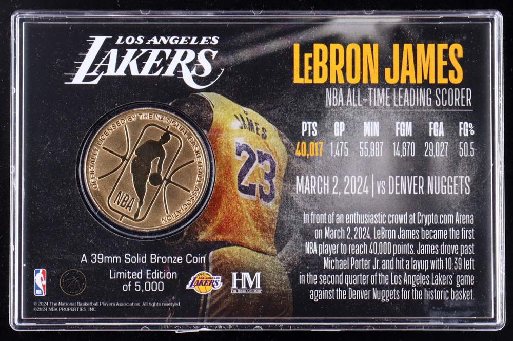 Lebron James Lakers Highland Mint 40,000 Points Commemorative Bronze ...
