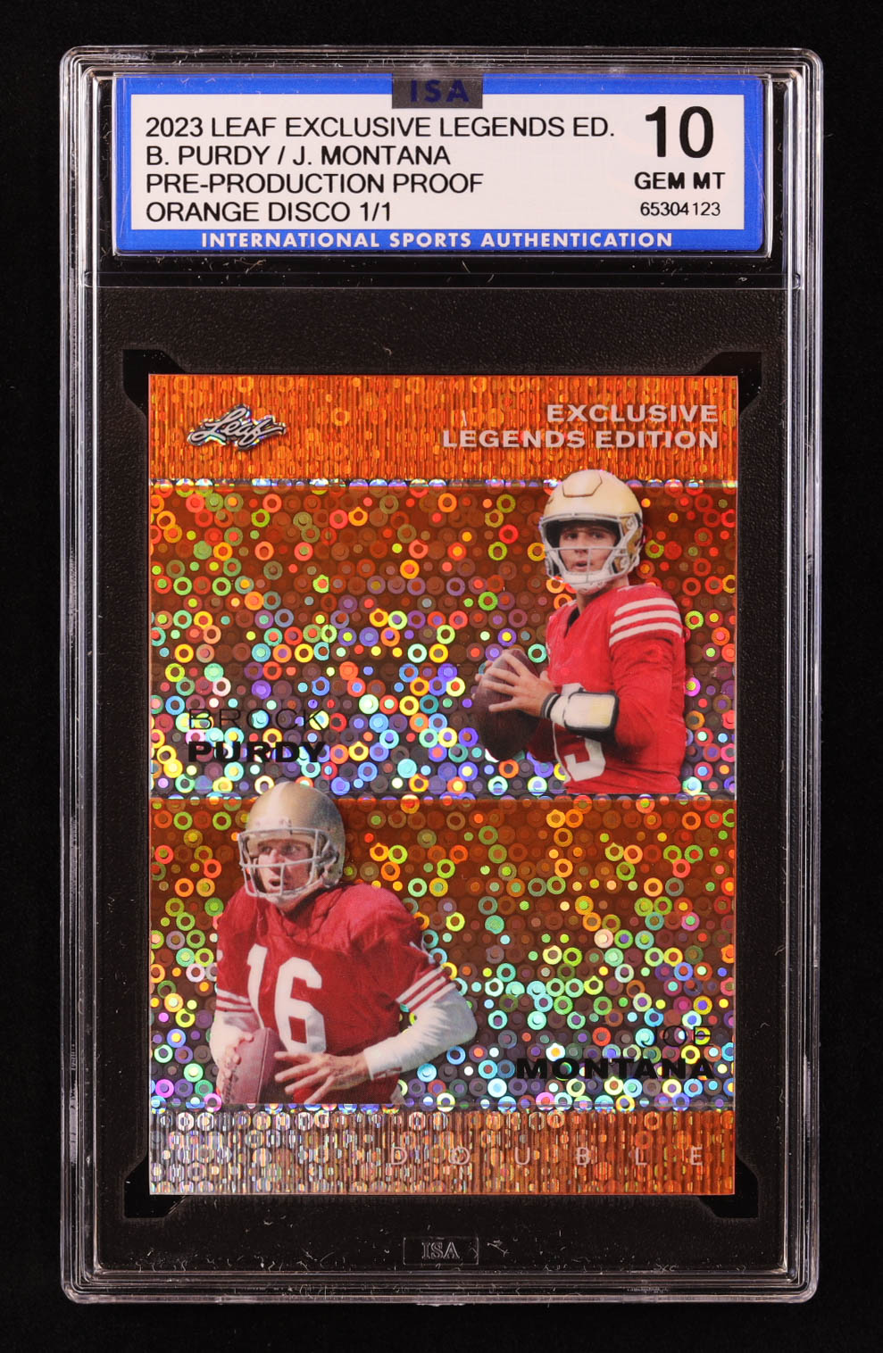 Joe Montana Brock Purdy 2023 Leaf Exclusive Legends Edition Disco Orange Pre Production Proof
