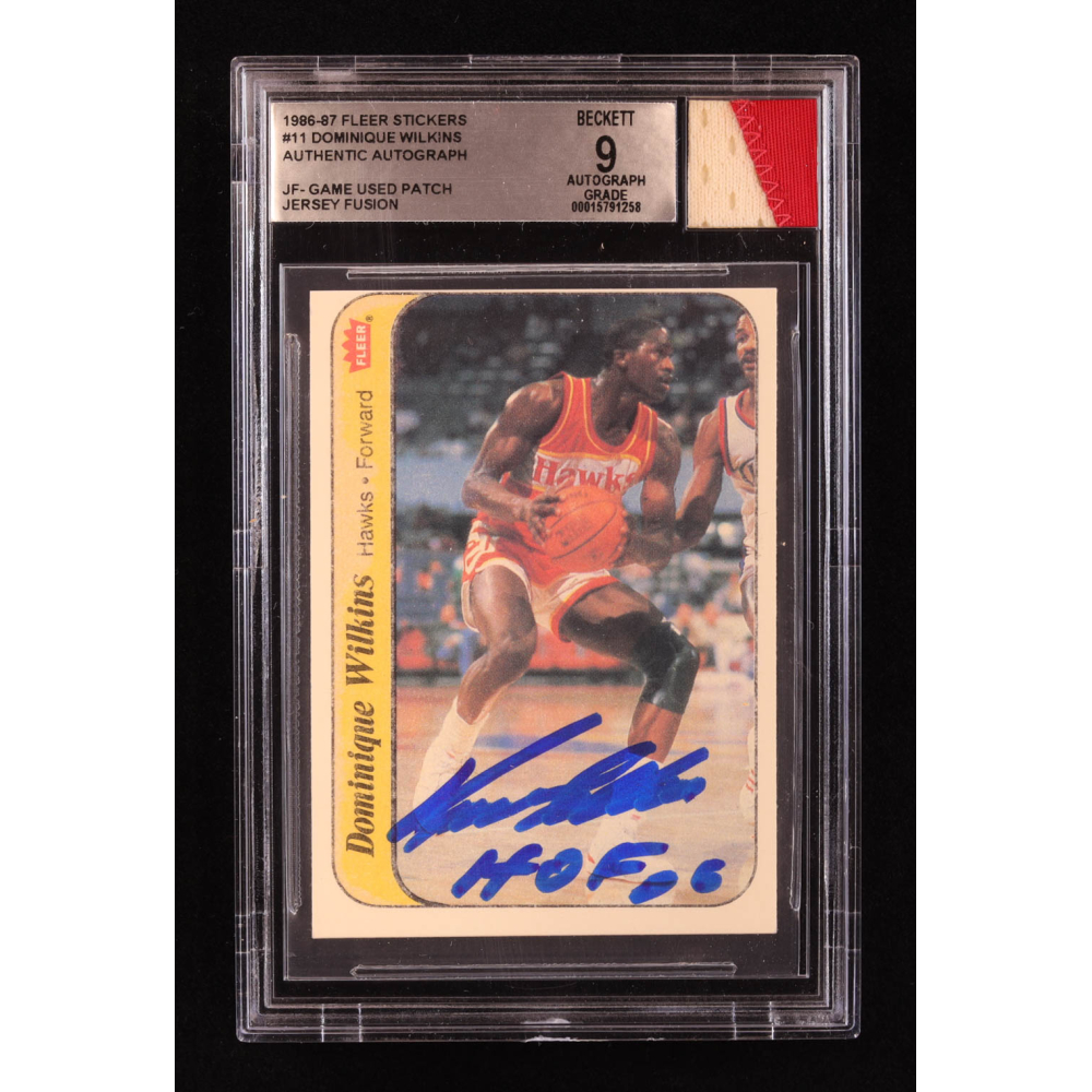 Dominique Wilkins Signed 1986-87 Fleer Stickers #11 RC with Game Used ...