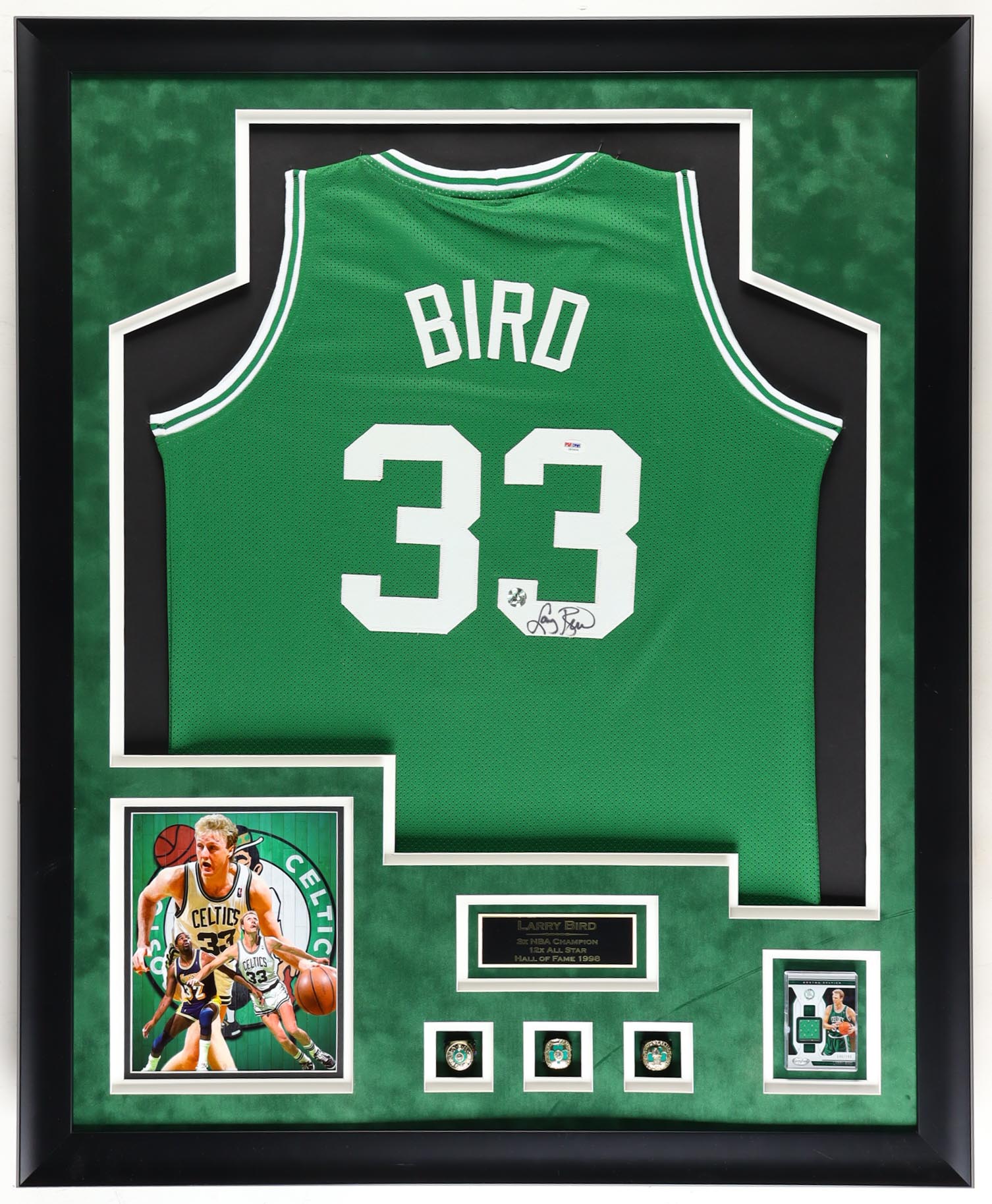 Larry Bird Signed Custom Framed Jersey Display With (3) Celtics Championship Rings & 2018 ...