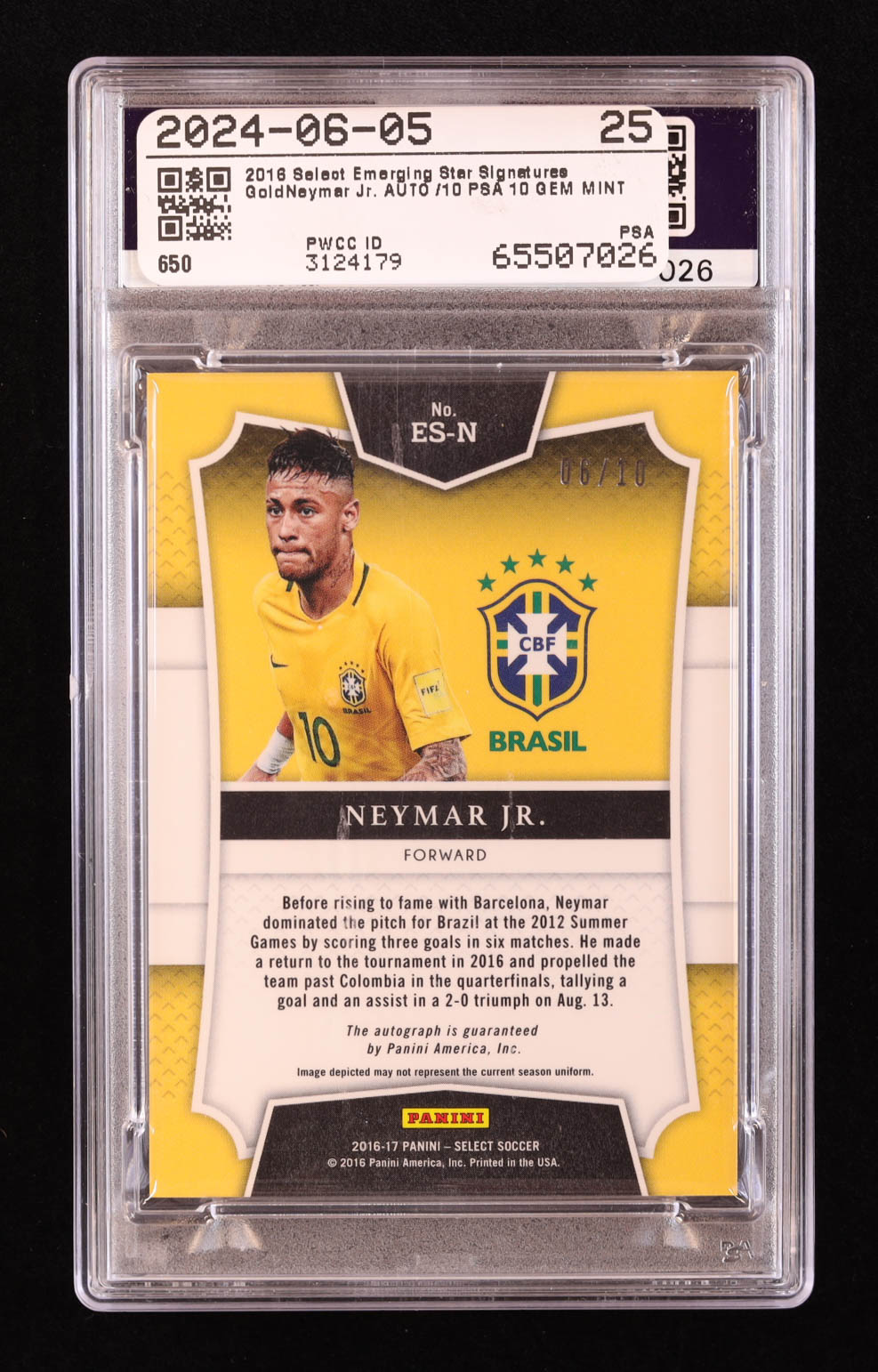 Neymar Jr. 2016-17 Select Emerging Star Signatures Gold #3 #06/10 (PSA 10) | Pristine Auction
