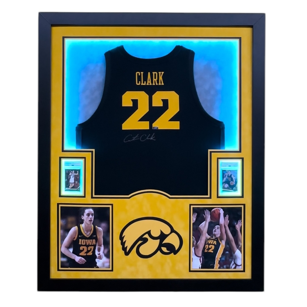 Caitlin Clark Signed & Framed Iowa Hawkeyes LED Backlit Jersey Display with PSA Trading Cards ...