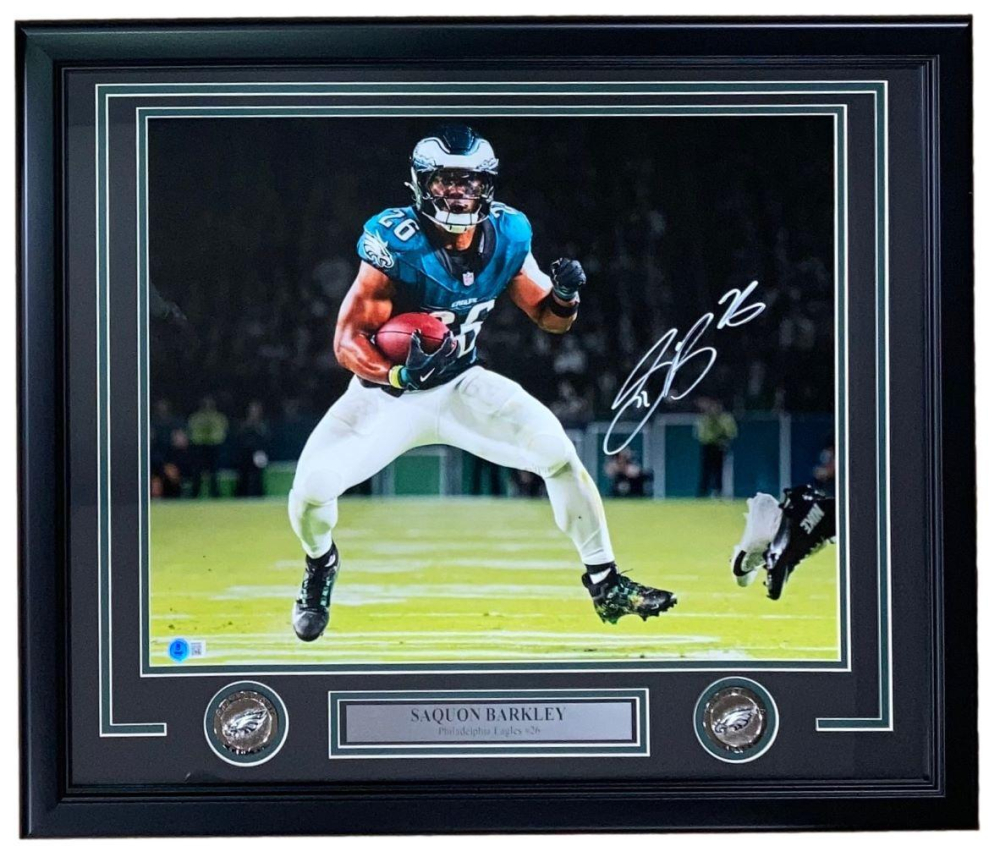 Saquon Barkley Signed Eagles Custom Framed Photo (Beckett) | Pristine ...
