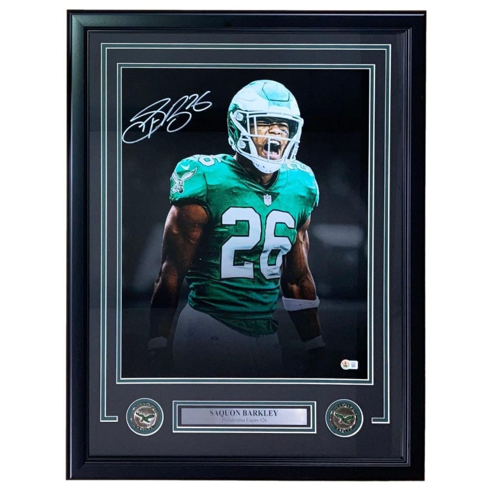 Saquon Barkley Signed Eagles Custom Framed Photo (Beckett) | Pristine ...
