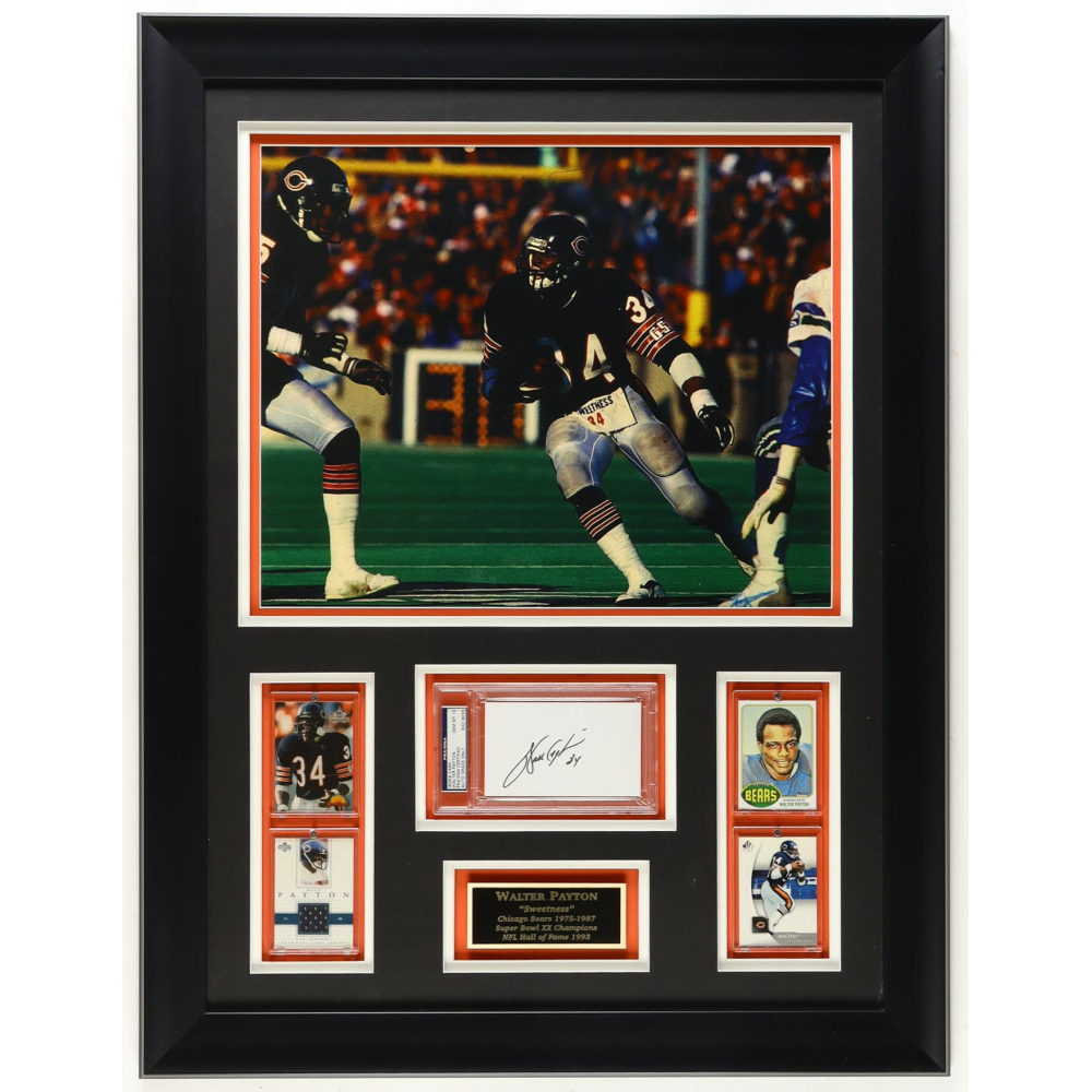 Walter Payton Signed Custom Framed Cut Display with (4) Trading Cards ...