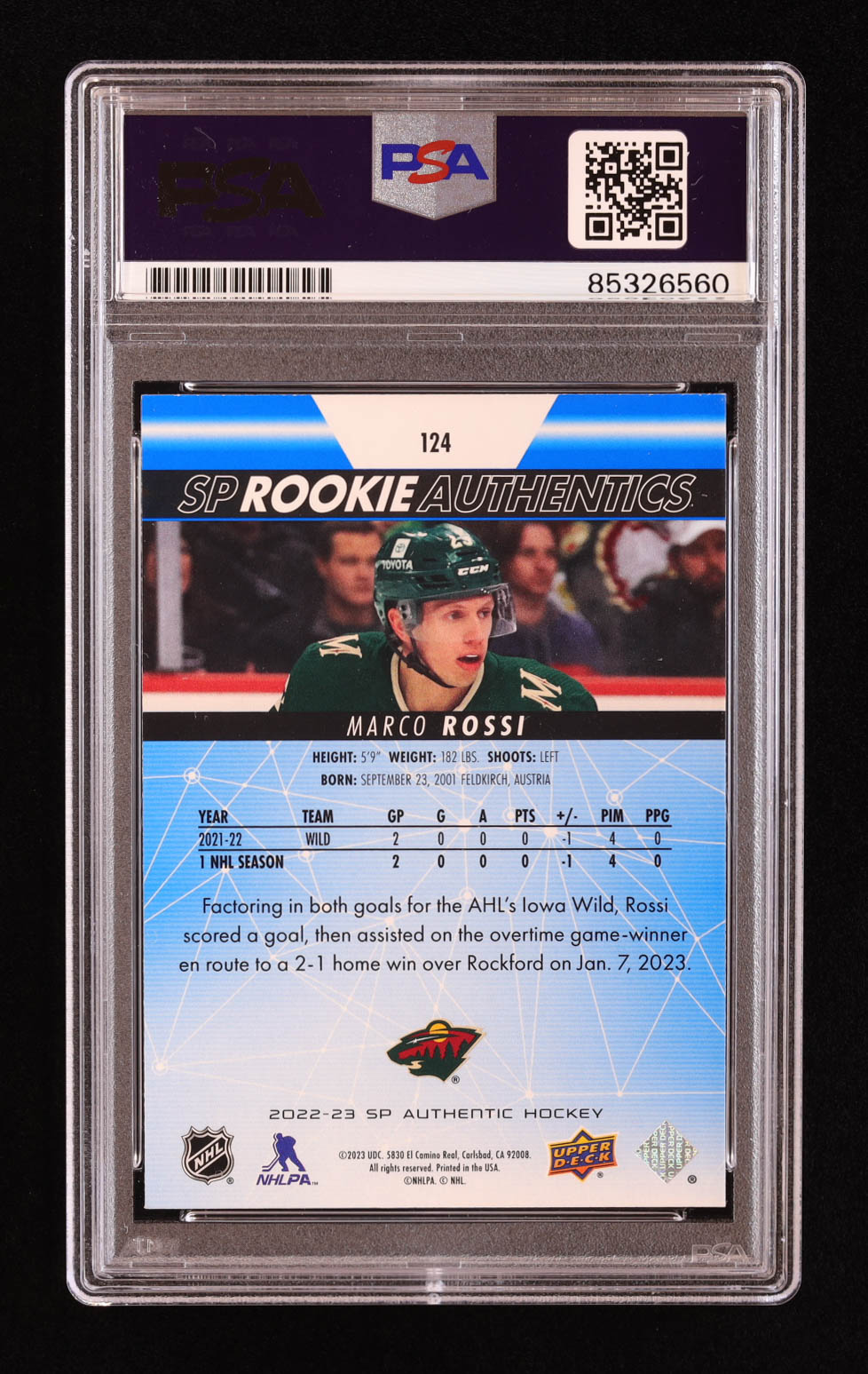 Marco Rossi Signed 2022-23 SP Rookie Authentics #124 RC (PSA ...