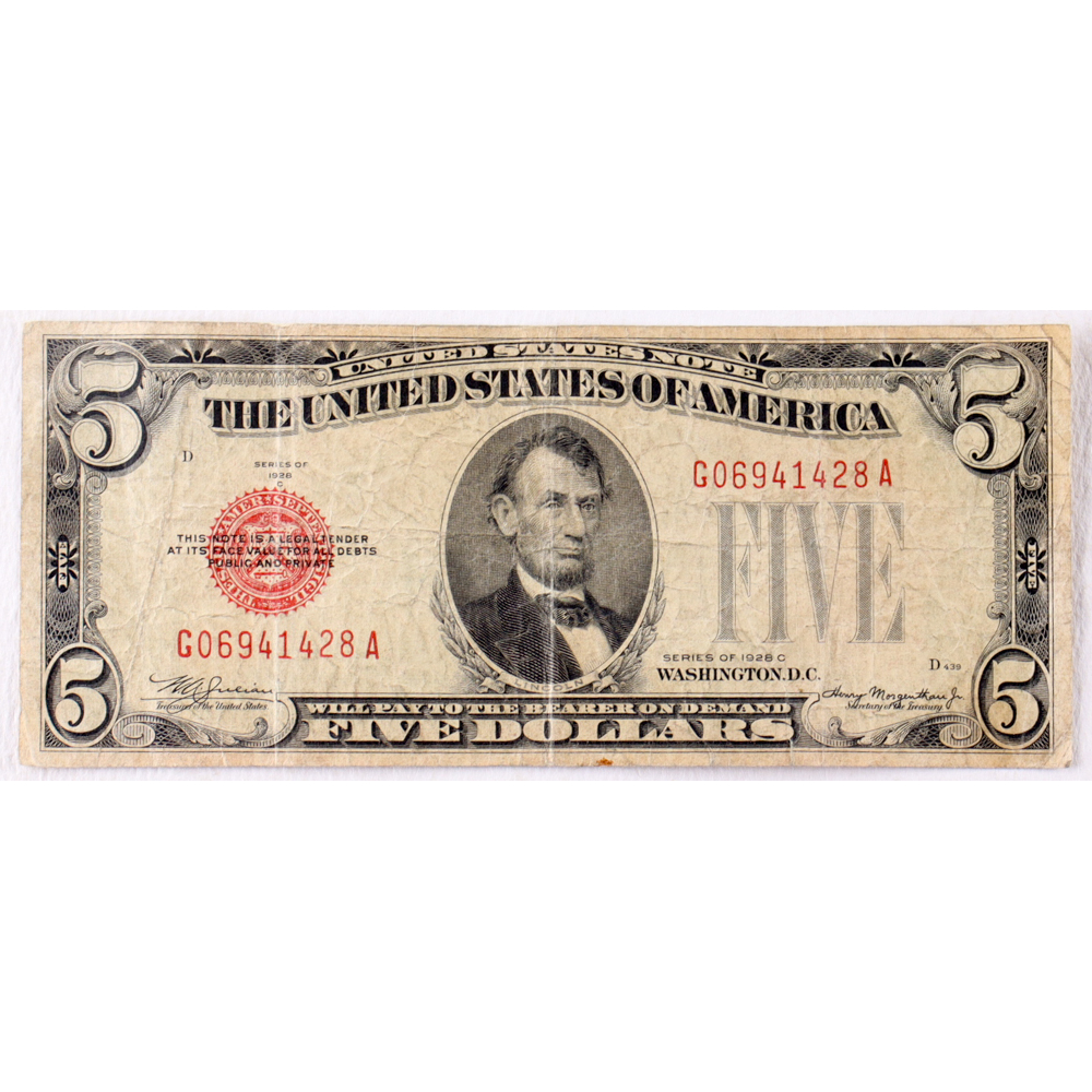 1928-C United States Red Seal $5 Five Dollar Bank Note | Pristine Auction