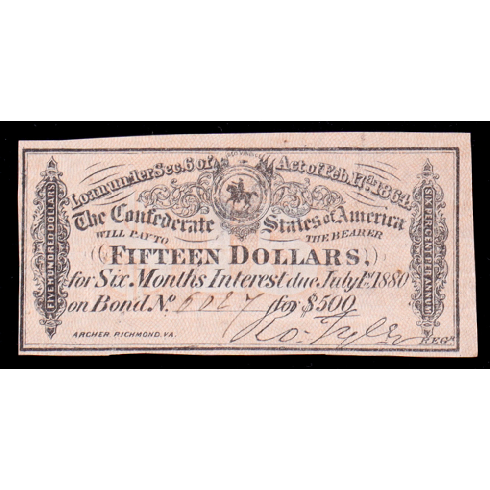 1864 $15 Fifteen Dollars Confederate States of America Richmond CSA ...