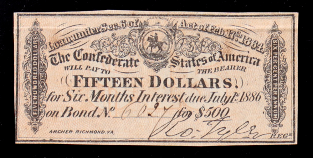 1864 $15 Fifteen Dollars Confederate States of America Richmond CSA ...