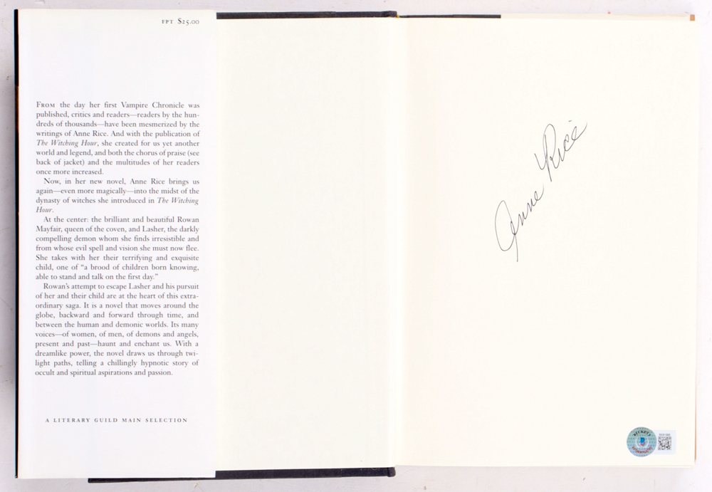 Anne Rice Signed "Lasher" Hardcover Book (Beckett) | Pristine Auction