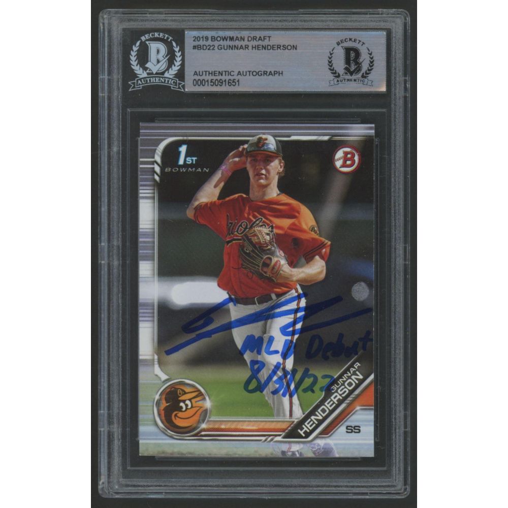 Gunnar Henderson Signed 2019 Bowman Draft #BD22 Inscribed "MLB Debut 8/31/22" (BGS) | Pristine ...