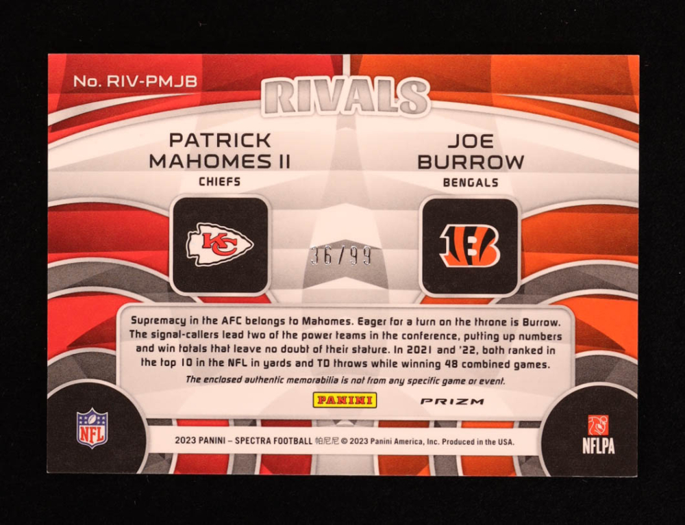 Patrick Mahomes II / Joe Burrow 2023 Panini Spectra Rivals Materials #2 ...