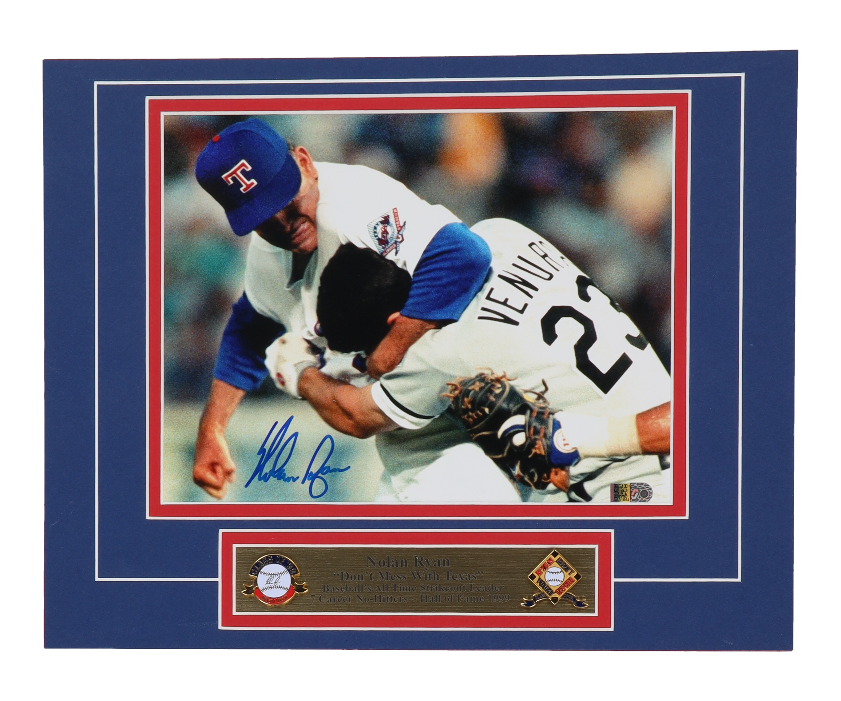 Nolan Ryan Signed Rangers Custom Matted Photo Display With (2) Class Of ...
