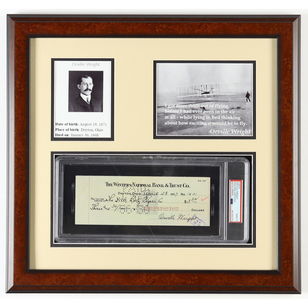 Orville Wright Signed Custom Framed 1937 Custom Framed Personal Bank ...