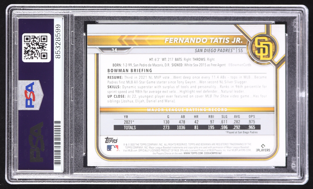 Fernando Tatis Jr. Signed 2022 Bowman #34 (PSA | Autograph Graded PSA ...
