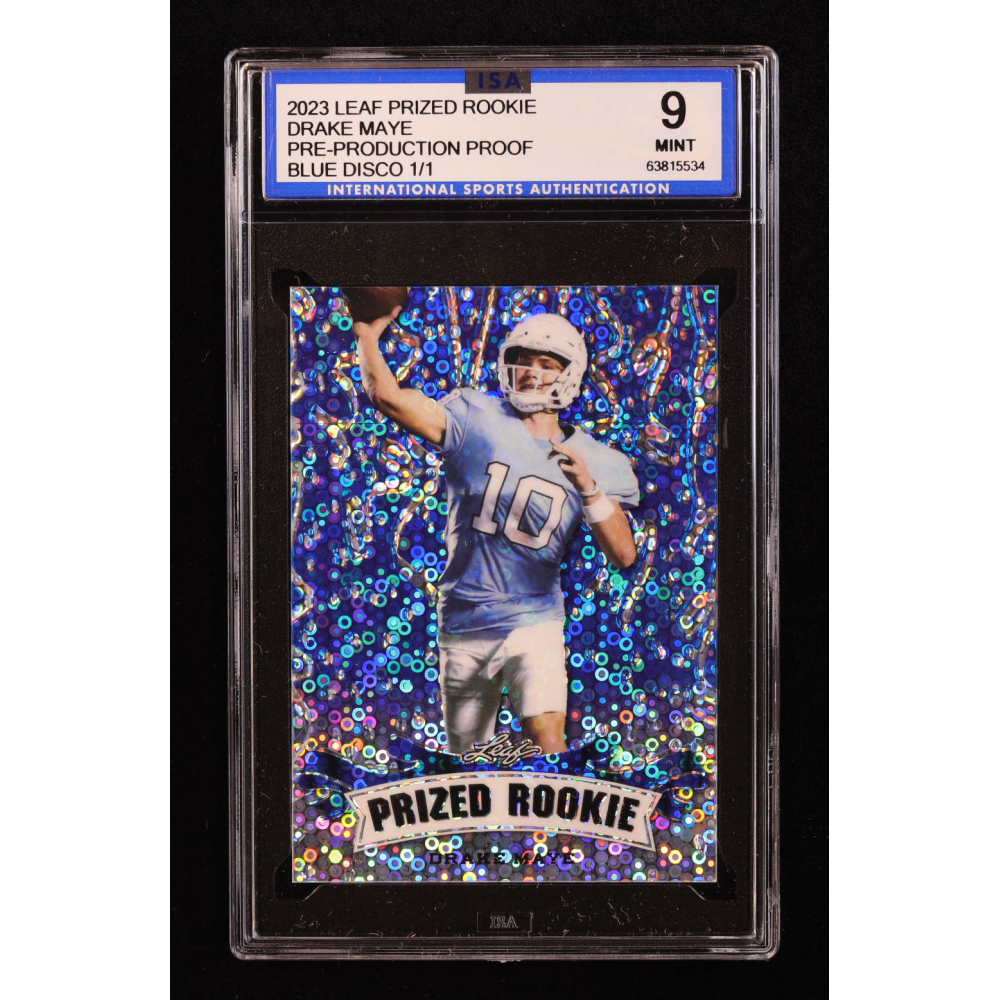 Drake Maye 2023 Leaf Metal Prized Rookie Disco Blue Pre-Production ...
