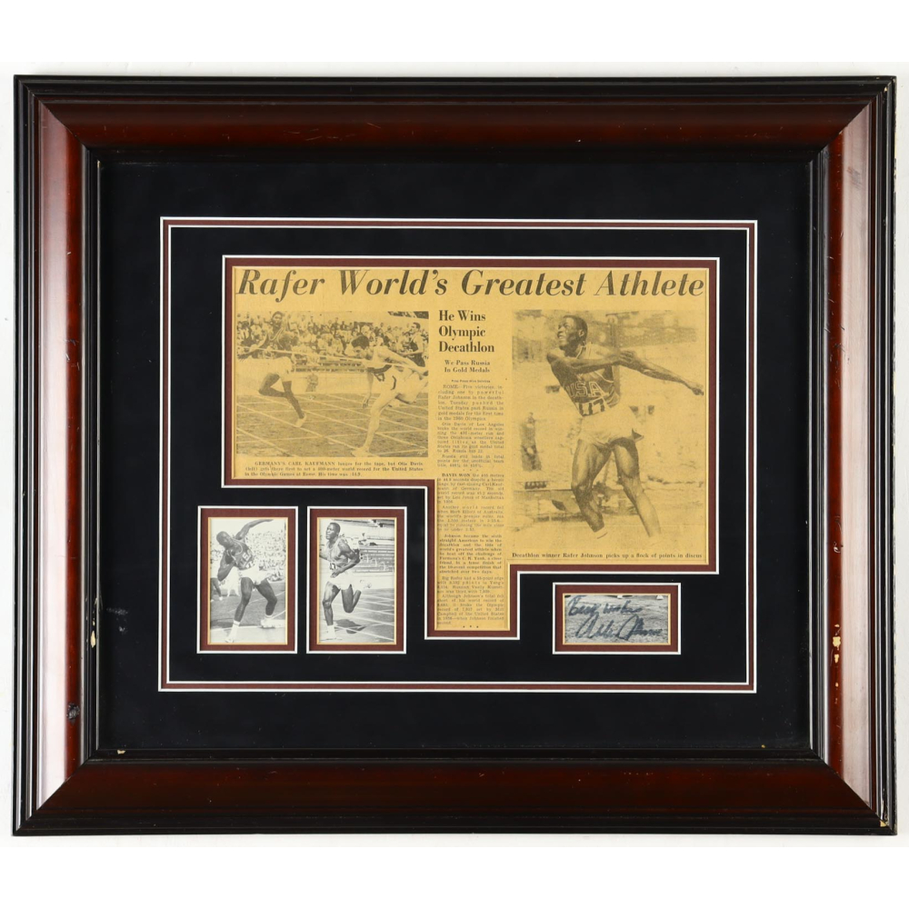 Rafer Johnson Signed Custom Framed Cut Display Inscribed "Best Wishes ...