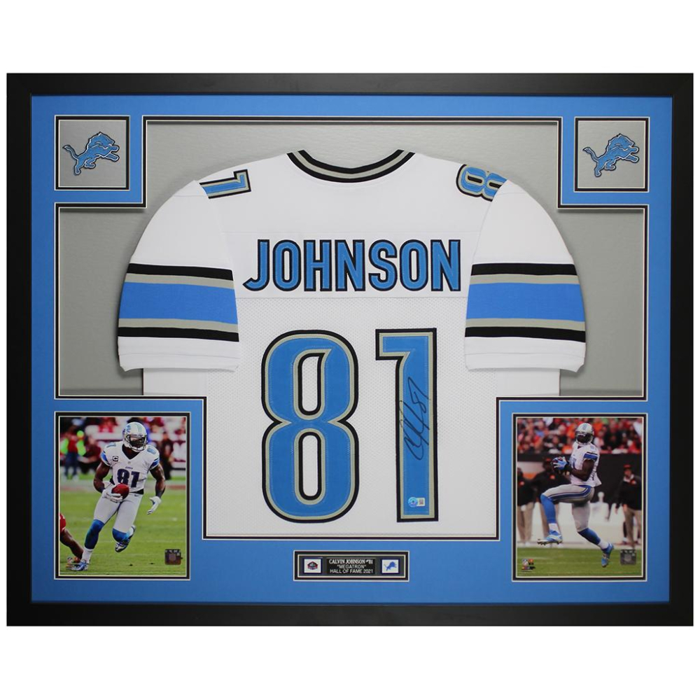 Calvin Johnson Signed Custom Framed Jersey Display (Beckett) | Pristine ...