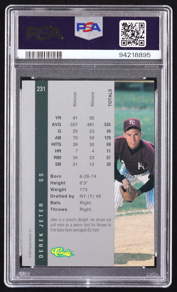 Derek Jeter 1992 Classic Four Sport #231 RC (PSA 9) | Pristine Auction