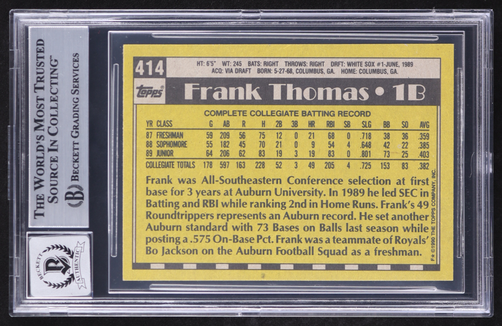 Frank Thomas Signed 1990 Topps #414 RC (BGS | Autograph Grade 10 ...