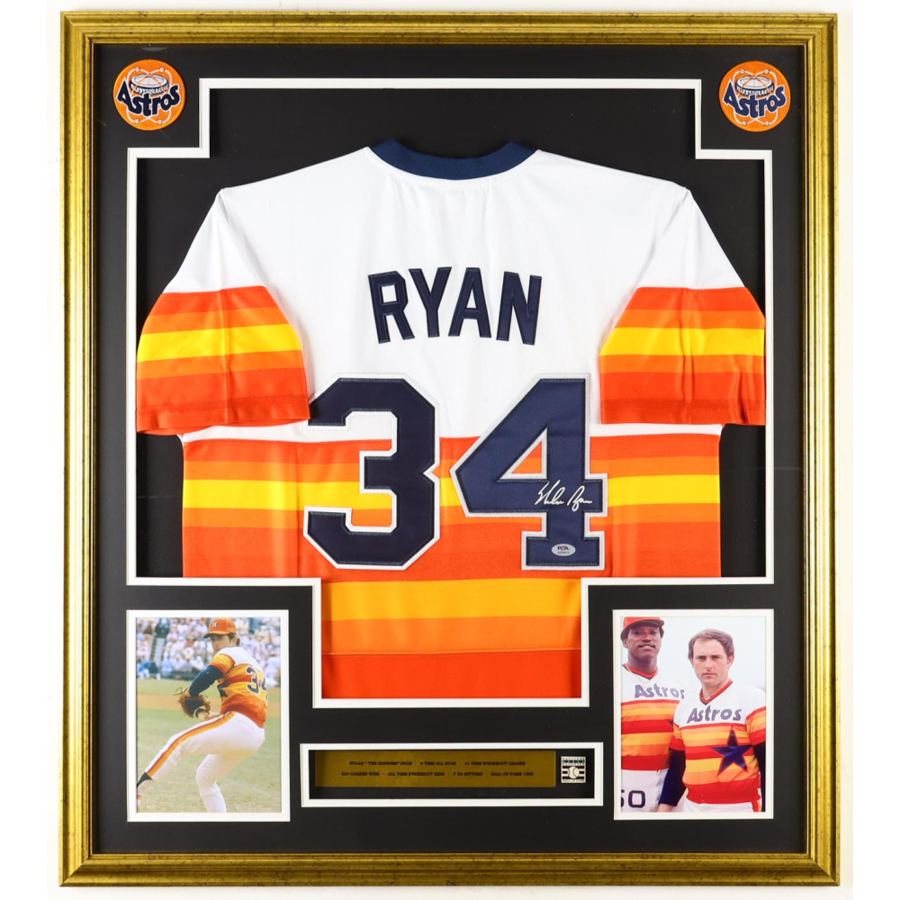 Nolan Ryan Signed Custom Framed Jersey Display With Pin & (2) Cloth ...