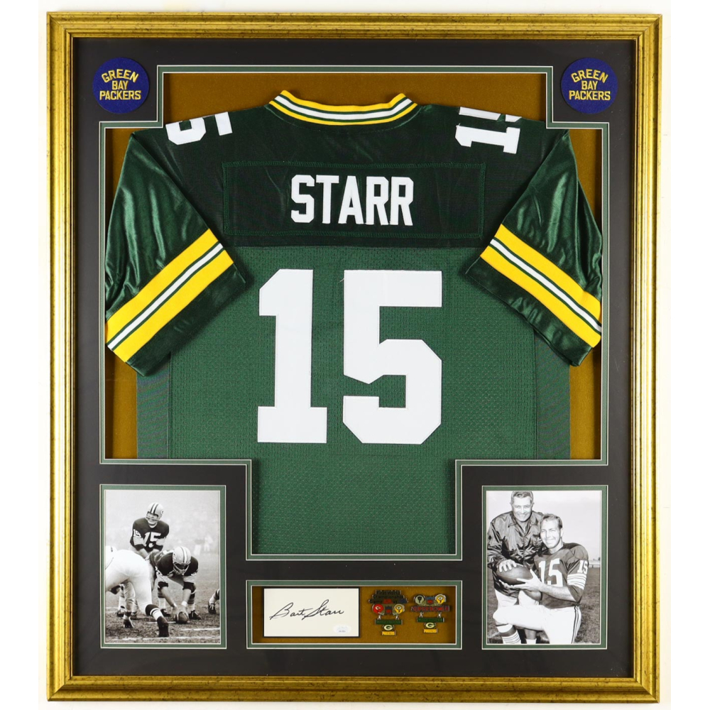 Bart Starr Signed Custom Framed Cut Display With Jersey, (2) Official ...