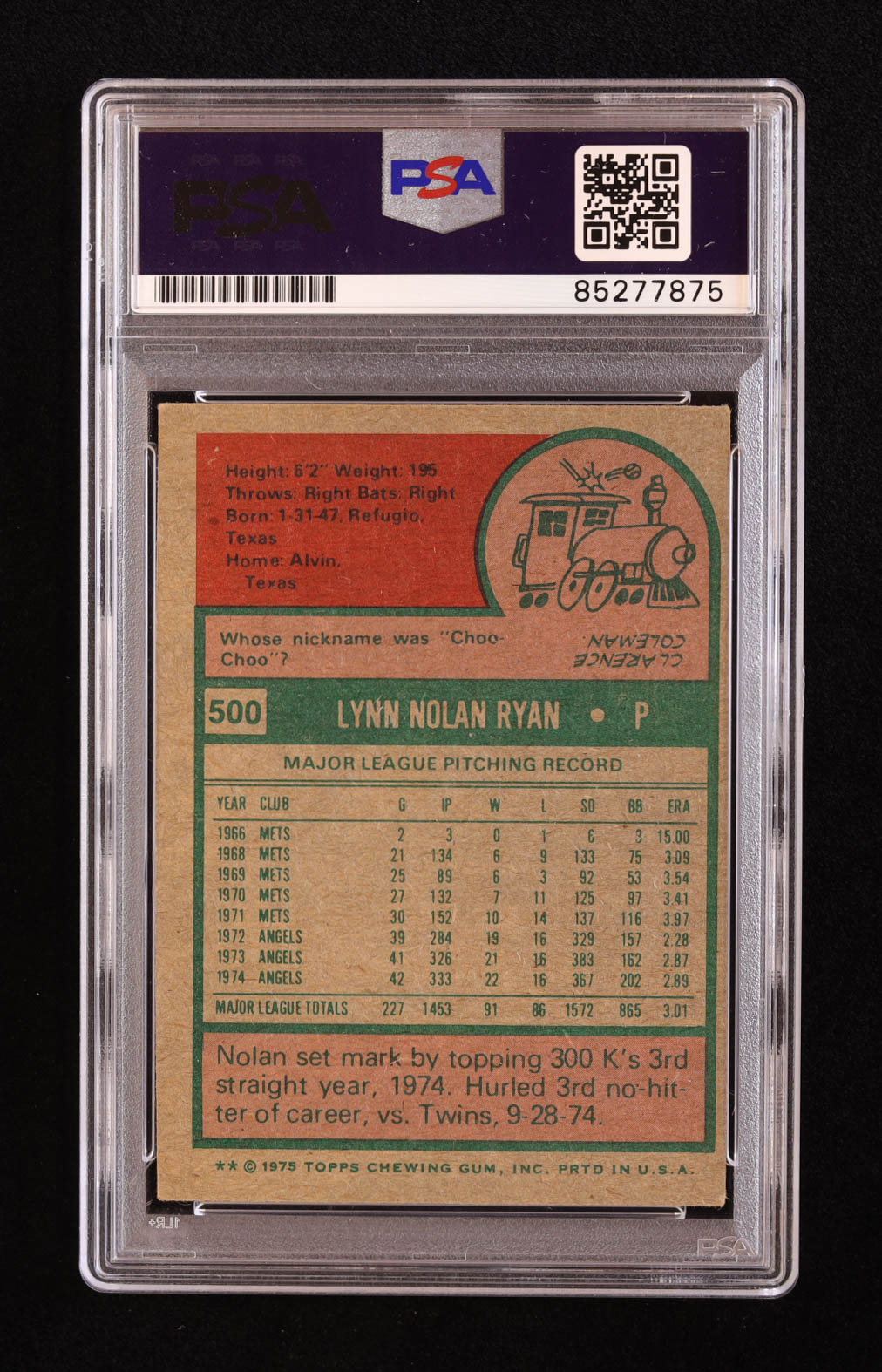 Nolan Ryan Signed 1975 Topps #500 Inscribed "108.5 M.P.H. Fastball ...