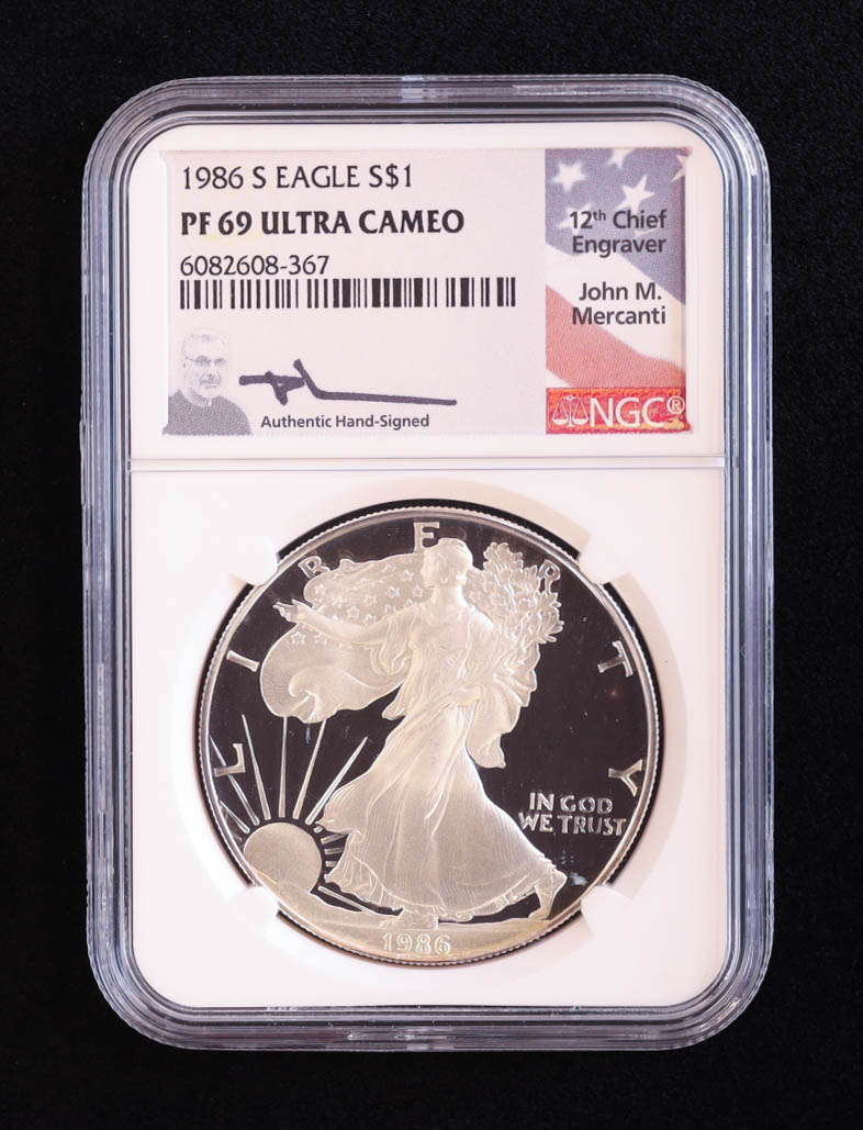 1986-S Proof American Silver Eagle - Hand Signed By: John M. Mercanti (NGC PF69 Ultra Cameo ...