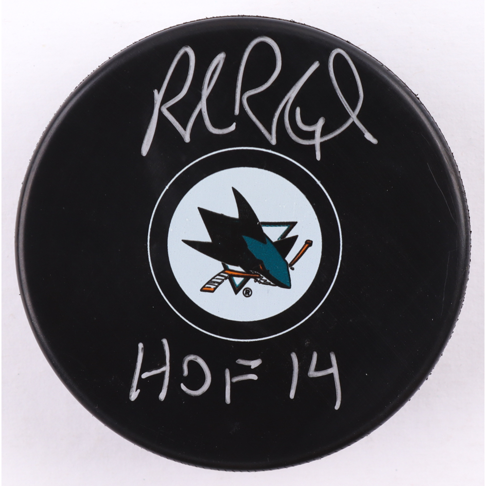 Rob Blake Signed Sharks Logo Hockey Puck Inscribed "HOF 14" (COJO ...