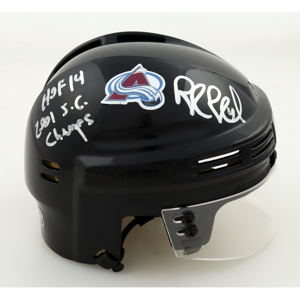 Rob Blake Signed Avalanche Mini Hockey Helmet Inscribed "2001 SC Champs ...