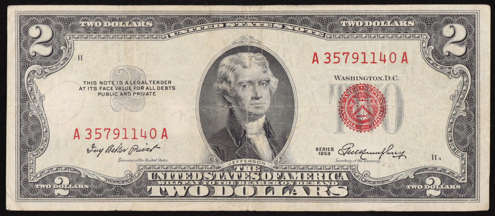 1953 United States Legal Tender $2 Two Dollar Bill - Red Seal ...