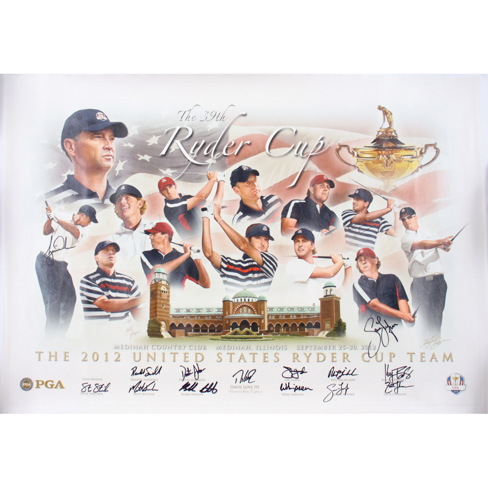 2012 US Ryder Cup Team Canvas Poster Signed By (13) with Tiger Woods ...