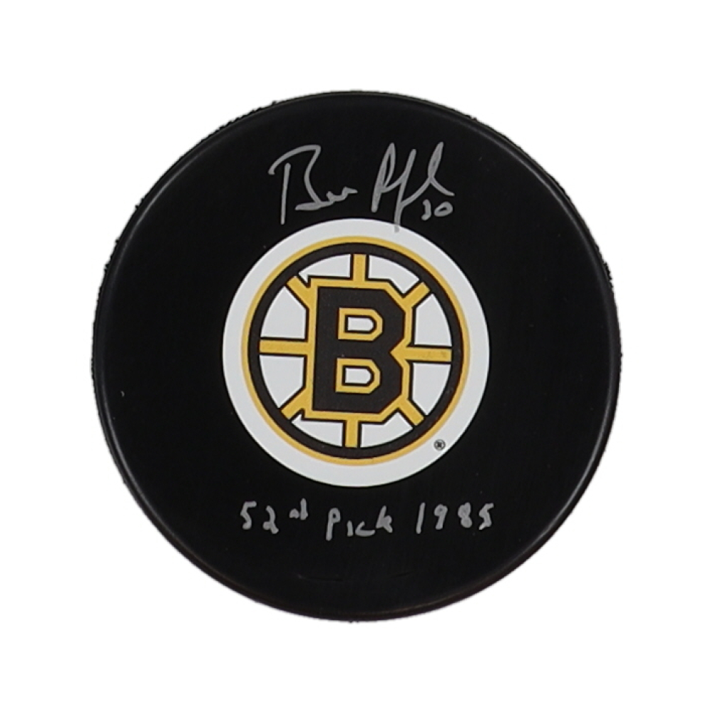 Bill Ranford Signed Bruins Logo Hockey Puck Inscribed "52nd Pick 1985 ...