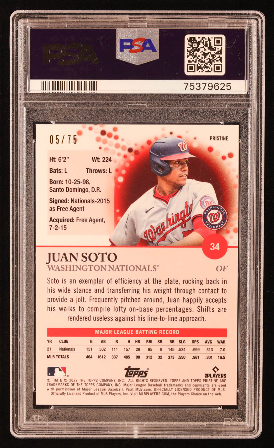 Juan Soto 2022 Topps Pristine Blue Pristine Refractors #34 #5/75 (PSA 10) | Pristine Auction