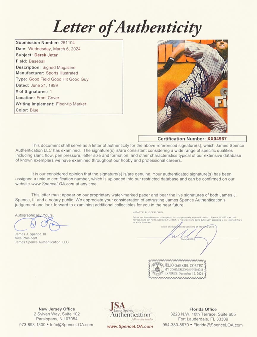 Derek Jeter Signed 1999 "Sports Illustrated" Magazine (JSA) | Pristine ...
