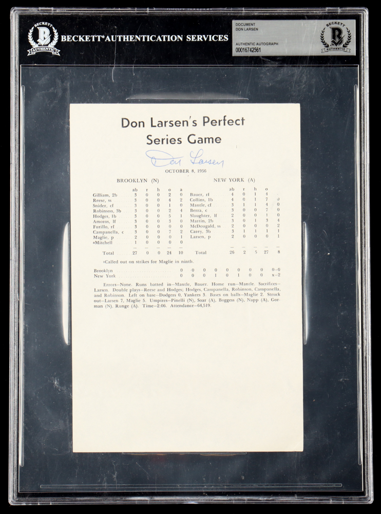 Don Larsen Signed "Don Larsen's Perfect Series Game" Document (BGS ...