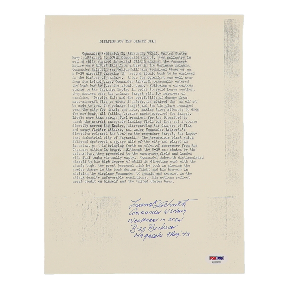Frederick Ashworth Signed Silver Star Certificate - B-29 Boxcar ...