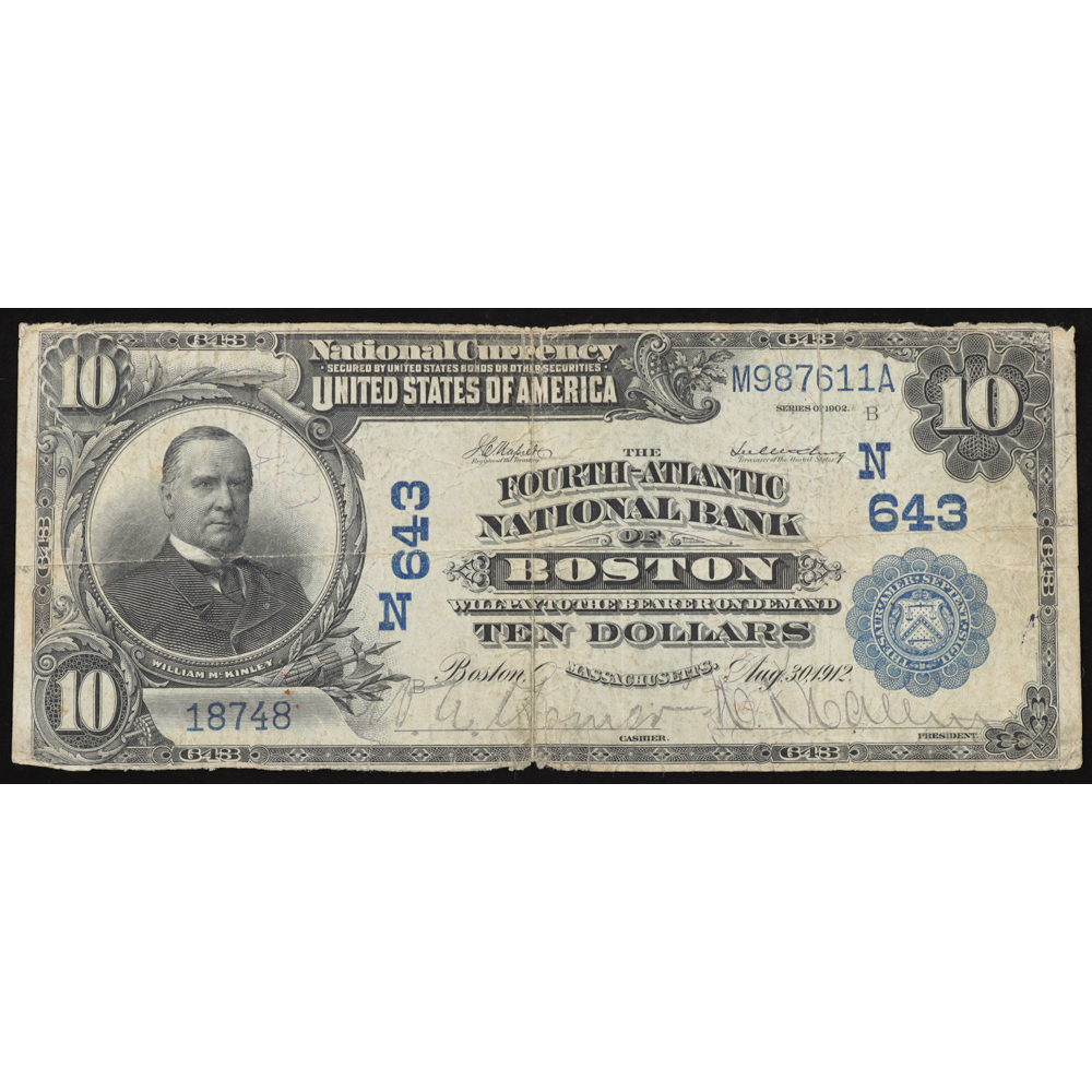 1902 Fourth Atlantic National Bank of Boston $10 U.S. National Currency ...