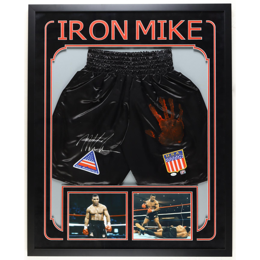 Mike Tyson Signed Custom Framed Boxing Trunk Display with Handprint ...