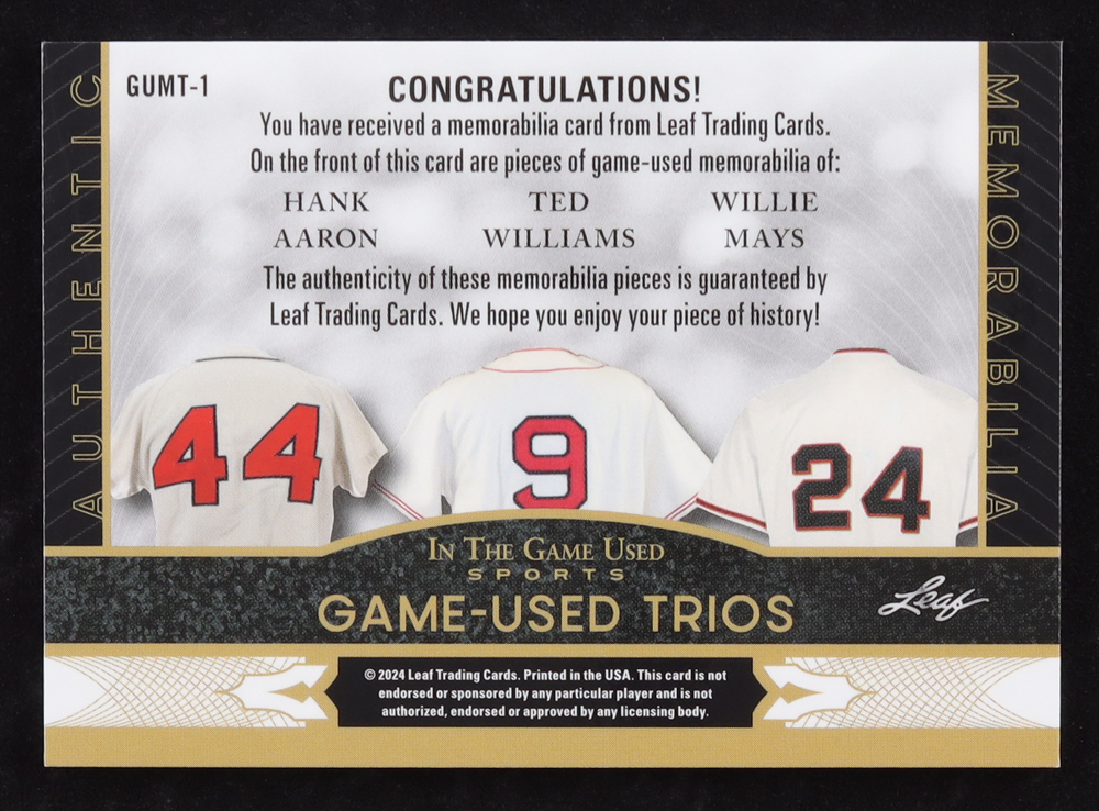 Hank Aaron / Ted Williams / Willie Mays 2024 ITG Used Sports Game Used ...
