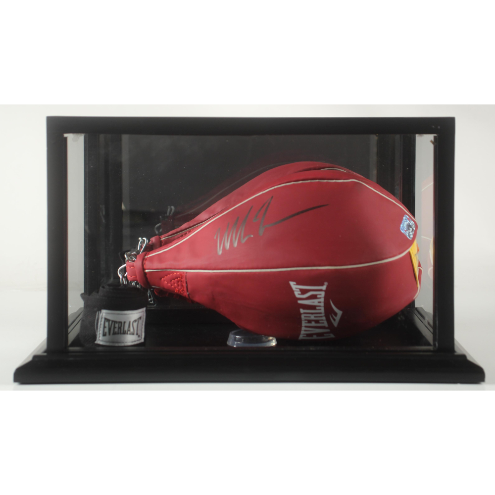 Mike Tyson Signed Everlast Speed Bag With Hand Wrap with Black Wood ...