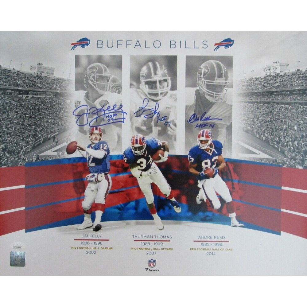 Jim Kelly, Thurman Thomas & Andre Reed Signed Bills 16x20 Photo with ...